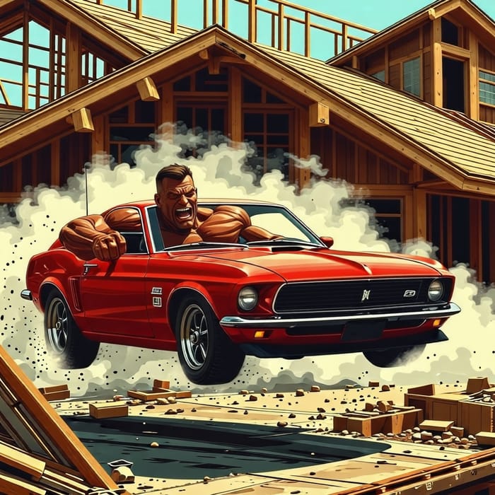 Muscle Man Driving Car Through House Under Construction | AI Art ...
