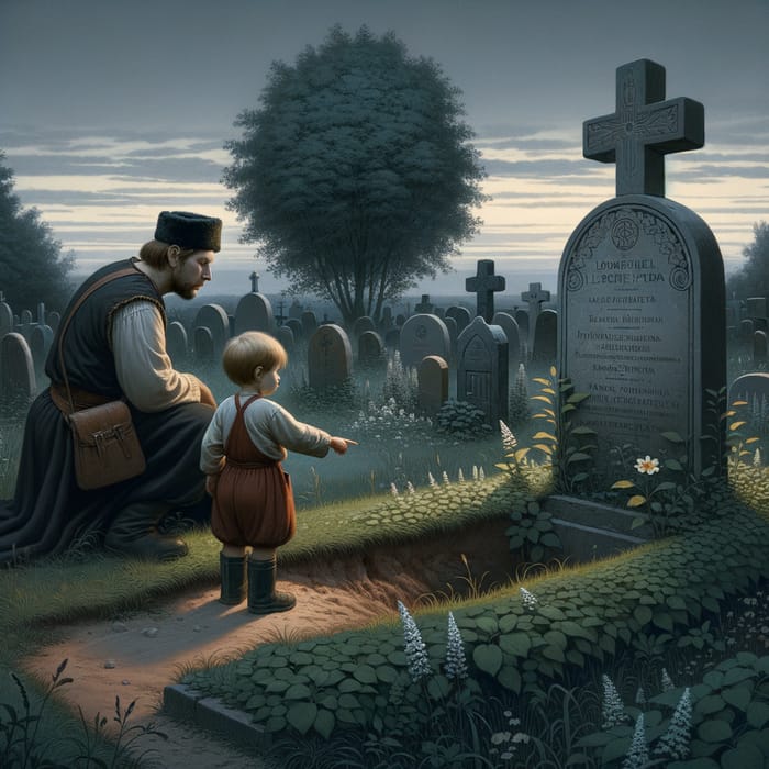 Slavic Boy and Father Pointing at Grave: Touching Moment at Cemetery ...