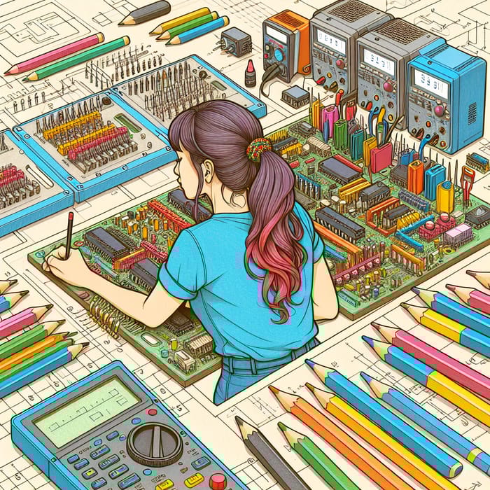 Colorful Drawing of Woman in Electrical Engineering Environment | AI ...