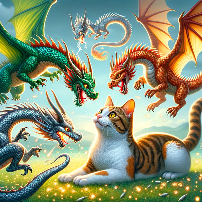 Playful Cat Playing with Exotic Dragons | AI Art Generator | Easy-Peasy.AI