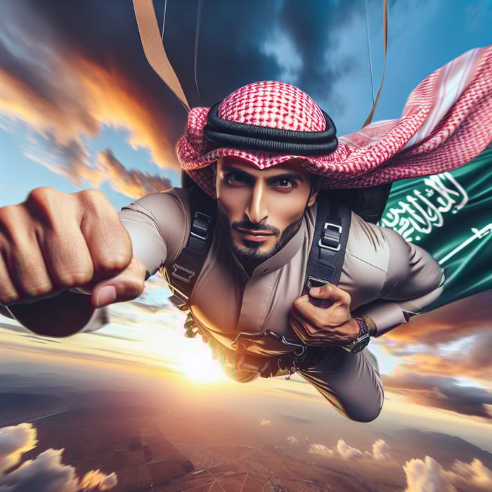 Adventure of a Saudi Man Soaring through Vibrant Sky | AI Art Generator ...