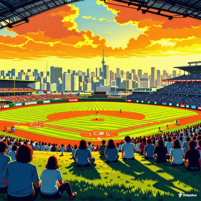 Anime-Style Baseball Stadium Illustration with Tokyo Skyline View | AI ...