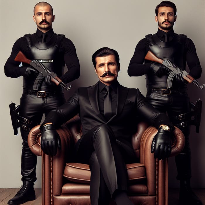 Veli Yılmaz: Black Leather-Clad Man with Bodyguards | AI Art Generator ...