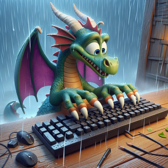 Dragon Typing in Rainy Weather - Fantasy Scene | AI Art Generator ...