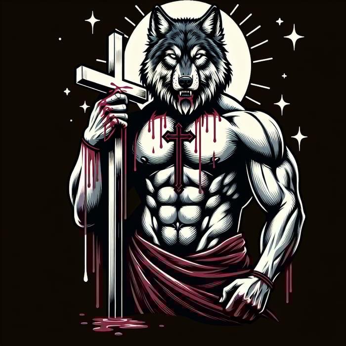 Muscular Wolf-Headed Man Holding Cross with Dripping Blood | AI Art ...