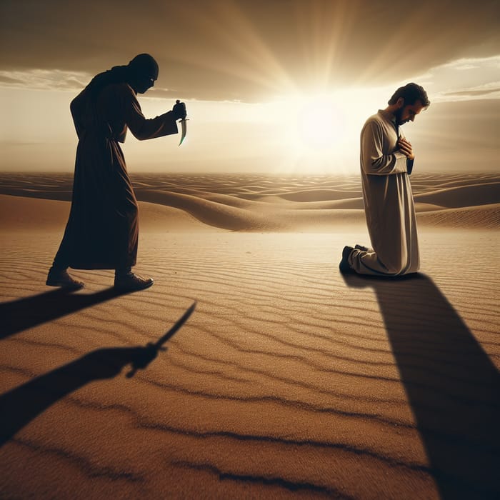 Desert Prayer Ambush: Man Praying Attacked in Abbasid Era | AI Art Generator | Easy-Peasy.AI
