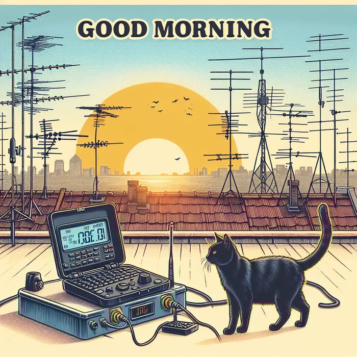 Good Morning Postcard: City Sunrise with Antennas and Black Cat | AI ...