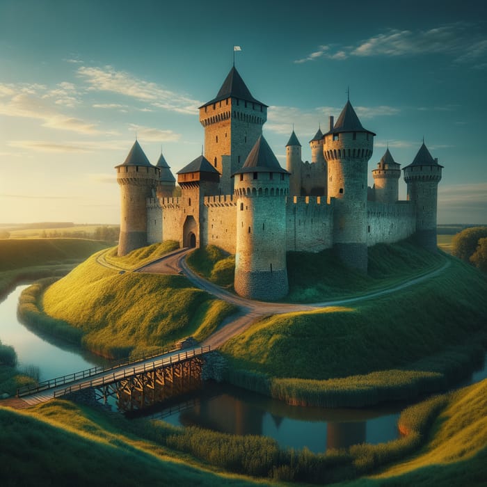 Medieval Castle at Sunset on Grassy Hill | AI Art Generator | Easy-Peasy.AI