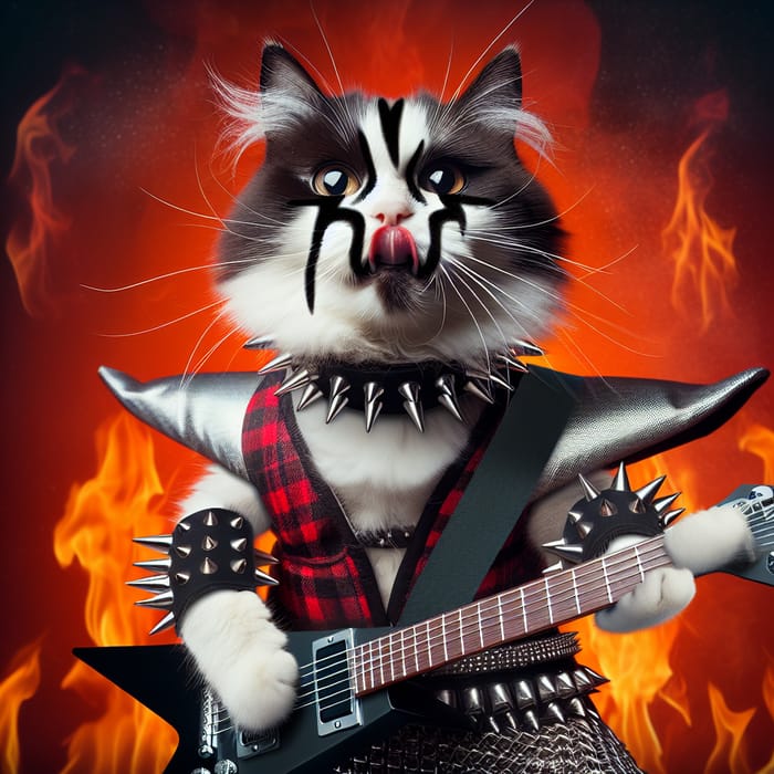 Metal Cat Rocking Guitar Like Kiss Band | AI Art Generator | Easy-Peasy.AI