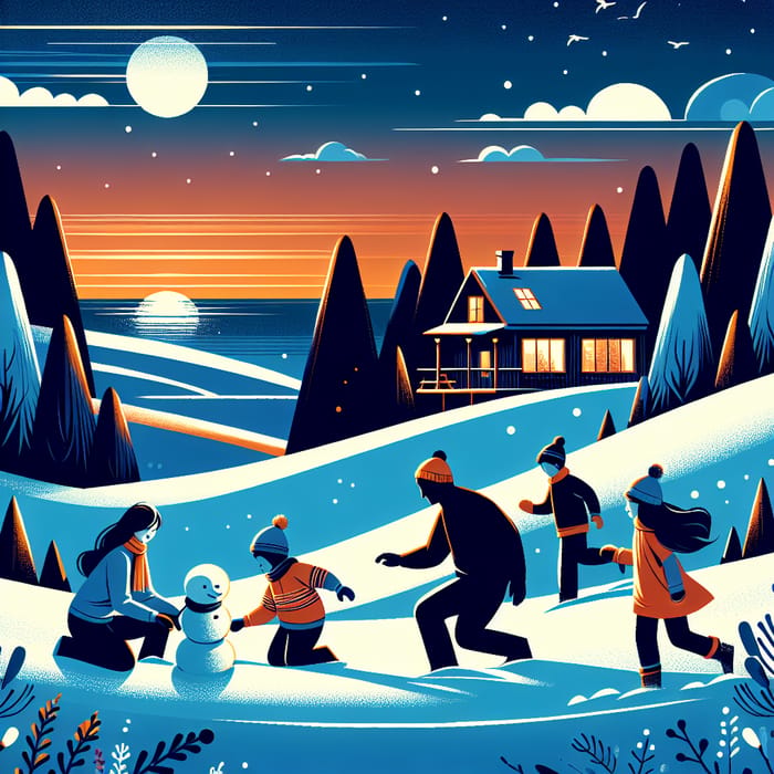 Winter Wonderland Scene with Tree Silhouettes and Joyful Figures | AI ...