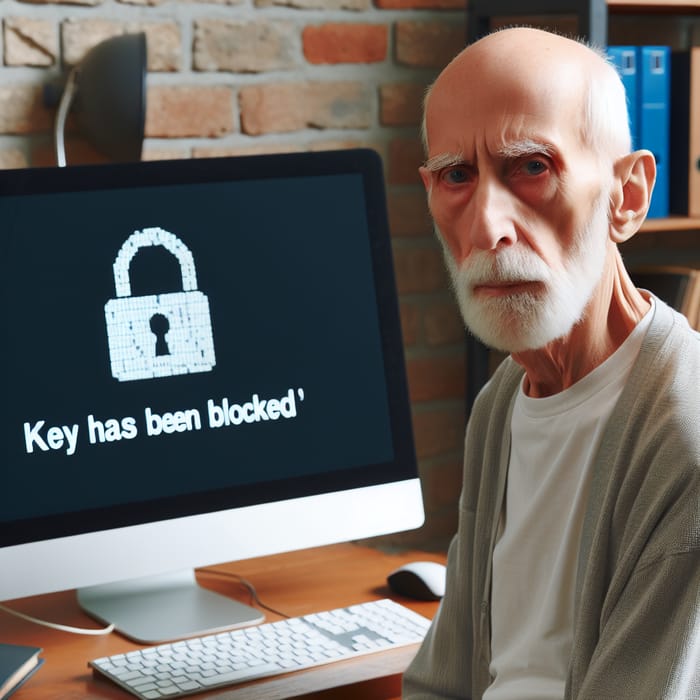 Elderly Man Encountering Key Blocked Error | AI Art Generator | Easy-Peasy.AI