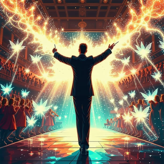 Magical Conductor with Glowing Fairies at Festival Concert Hall | AI ...