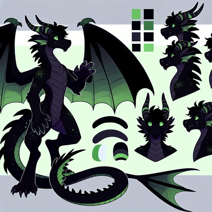 Black-Green Dragon Trans-Male Girl with Tail and Wings Reference Sheet ...