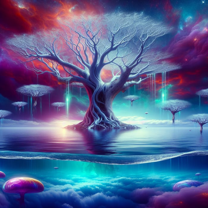 Transcendent Landscape: Glowing Sky, Silver Trees, Waterfall | AI Art ...