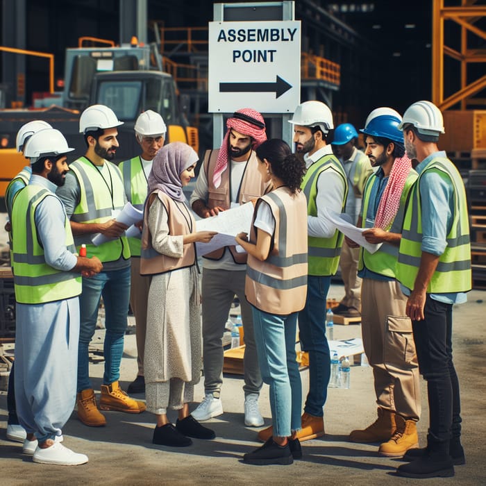 Workers at Assembly Point: Construction Team Ready | AI Art Generator ...