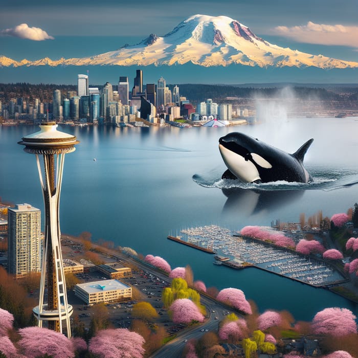Cherry Blossom Season in Washington Lake with Orca and Space Needle ...