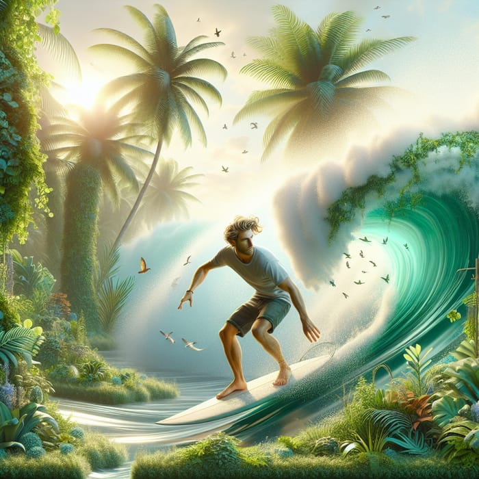 Surfer in a Lush Garden with Palm Trees | AI Art Generator | Easy-Peasy.AI