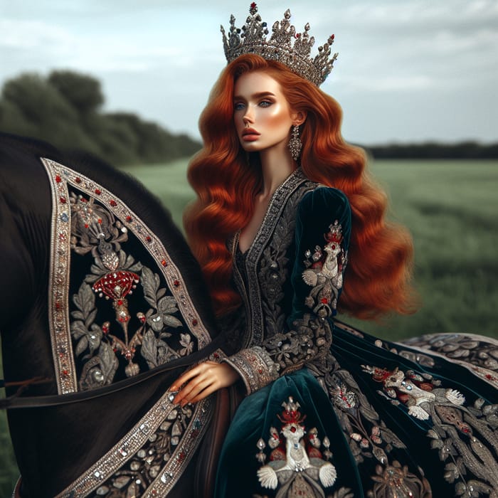 Red-Haired Queen with Black Horse | AI Art Generator | Easy-Peasy.AI
