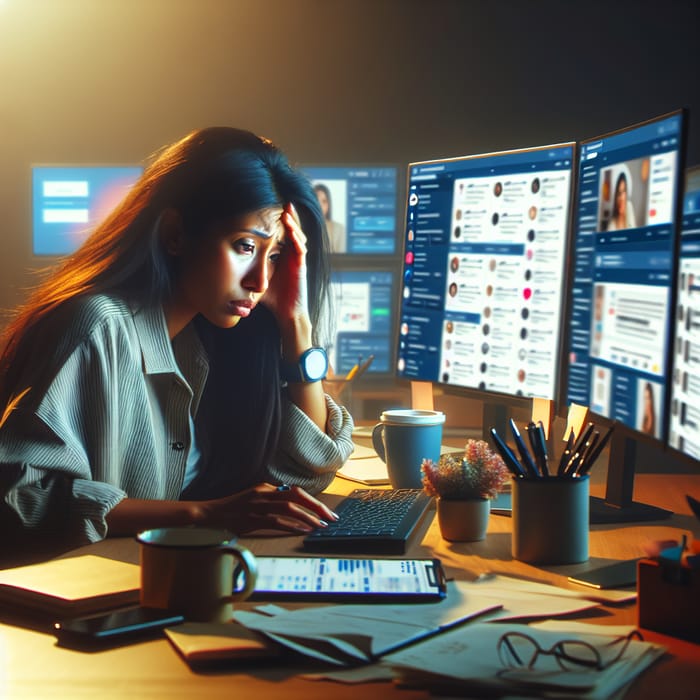 Exhausted South Asian SMM Specialist at Work | AI Art Generator | Easy-Peasy.AI