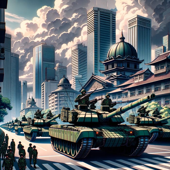 Tank Marching in Jakarta: Anime Cityscape | AI Art Generator | Easy ...