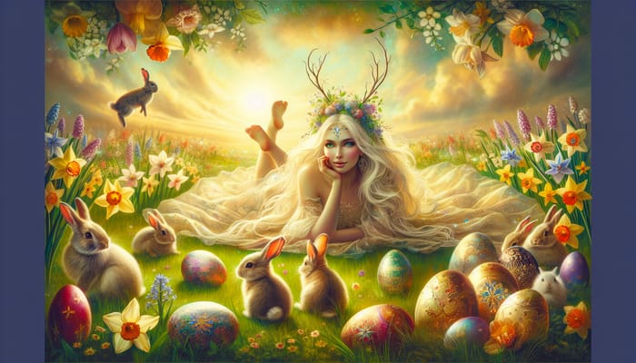 Ethereal Goddess in Spring Field Enveloped by Bunnies & Colorful Eggs ...