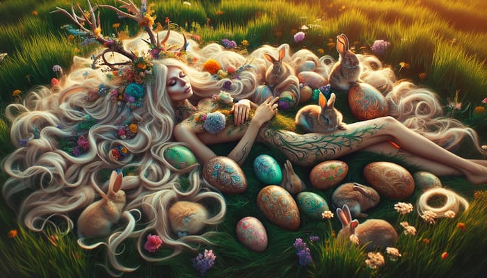 Enchanting Goddess with Bunnies and Colorful Eggs in Blossoming Field ...