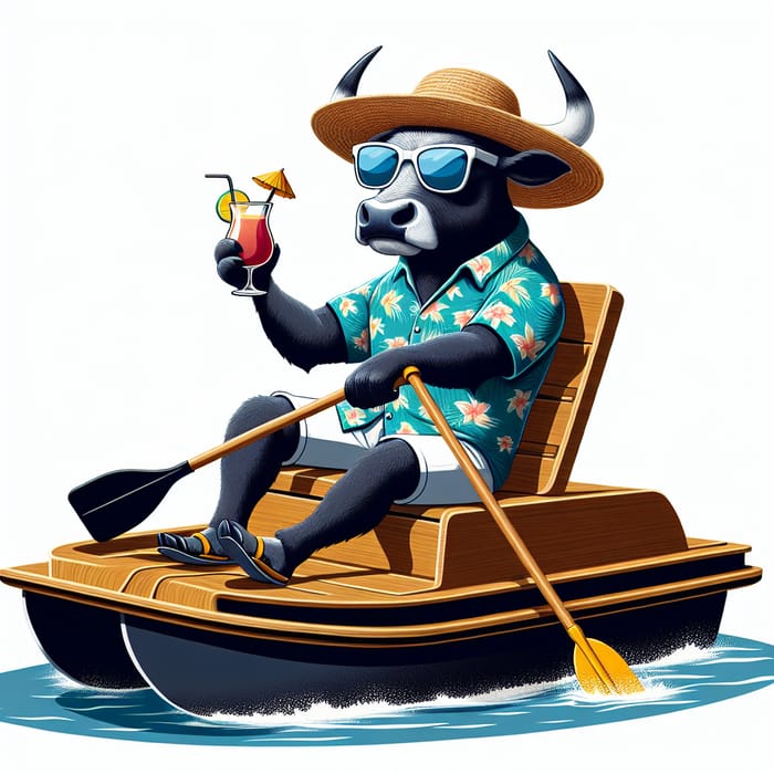 Bull Pedaling Paddle Boat in Hawaiian Shirt and Straw Hat | AI Art ...