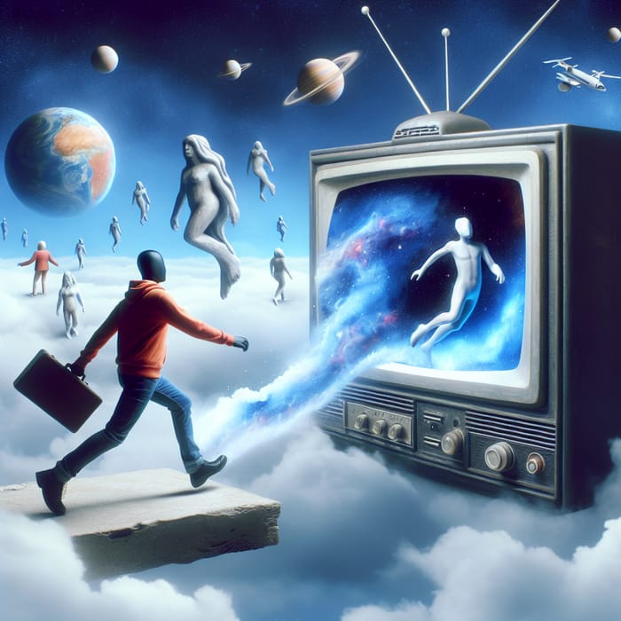Surreal Scene: human-being enters TV World | AI Art Generator | Easy ...