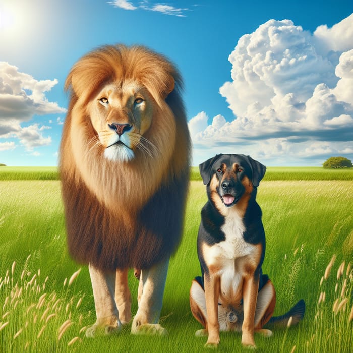 Lion and Dog: Unlikely Friends in Serenity | AI Art Generator | Easy ...