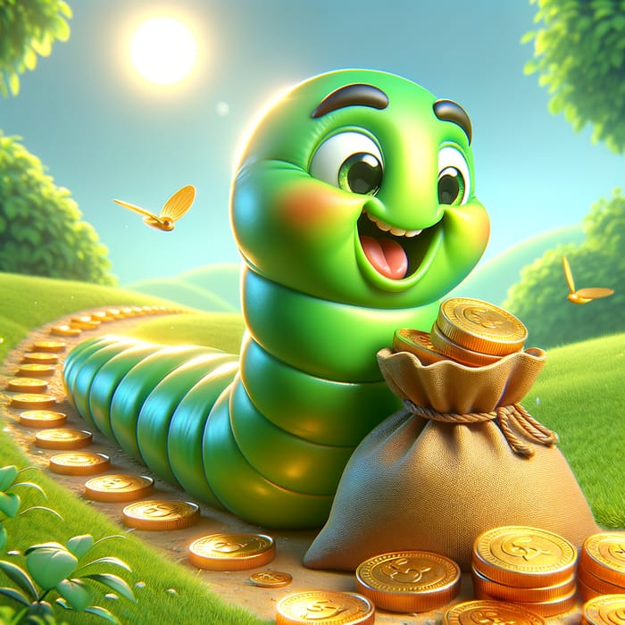 Cheerful 3D Worm Collecting Golden Coins | AI Art Generator | Easy-Peasy.AI