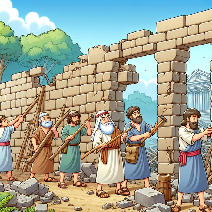 Cartoon Reconstruction: Nehemiah and Crew Rebuilding Wall | AI Art ...
