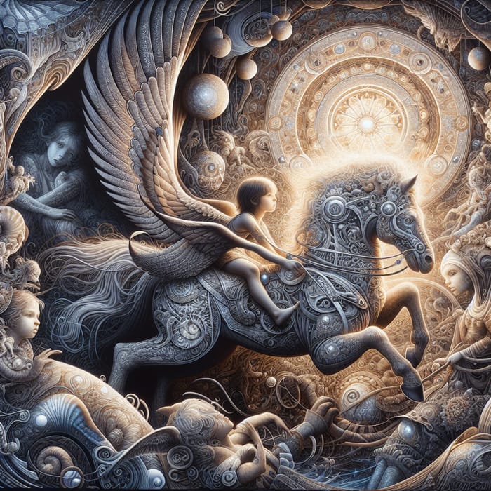 Intricate Lithograph: Girl Riding Mythical Creature in Dream Landscape ...