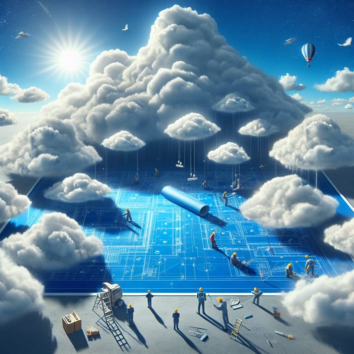 Celestial Skyscape Construction | Cloud Workers & Blue Prints | AI Art Generator | Easy-Peasy.AI