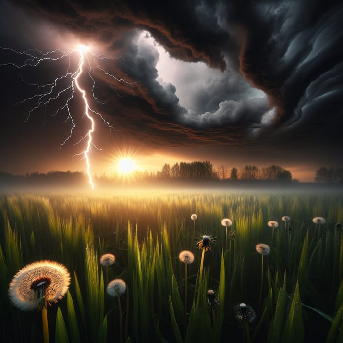 Dramatic Lightning Strikes Awake Dandelions at Dawn | AI Art Generator ...