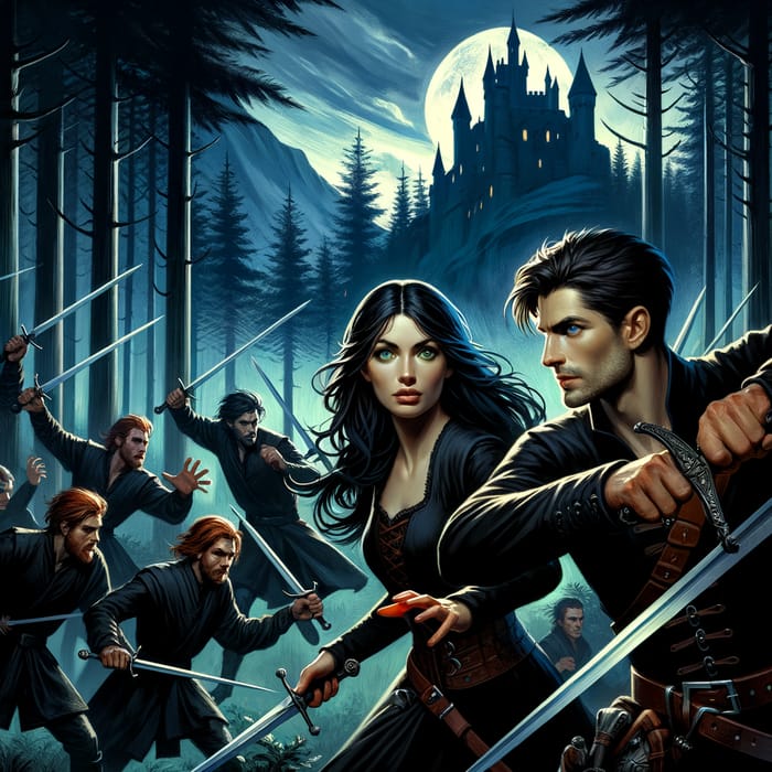 Epic Sword Fight in Dark Forest with Castle | AI Art Generator | Easy ...