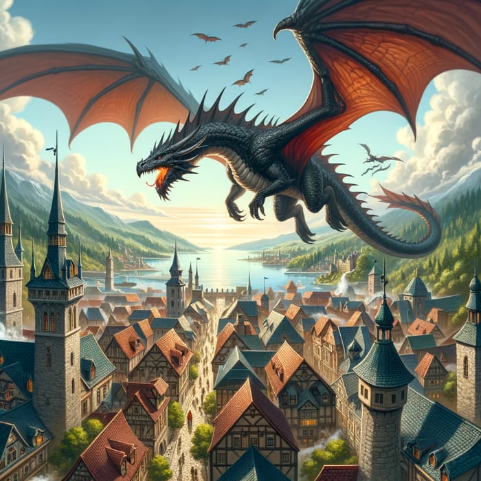 Dragon Flying Over Town - Urban Flight | AI Art Generator | Easy-Peasy.AI