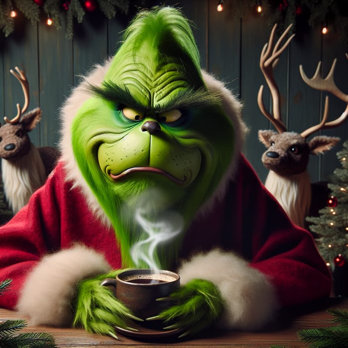 Grinch Enjoying Christmas Coffee | AI Art Generator | Easy-Peasy.AI
