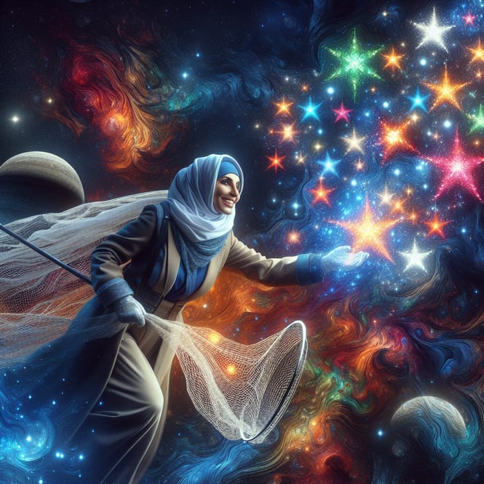 Middle-Eastern Woman in Space Chasing Luminous Stars | AI Art Generator | Easy-Peasy.AI