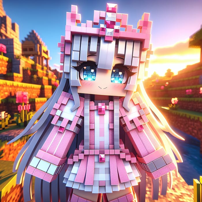 Cute Girl in Minecraft: Pink Armor & Tiara Adventure | AI Art Generator ...