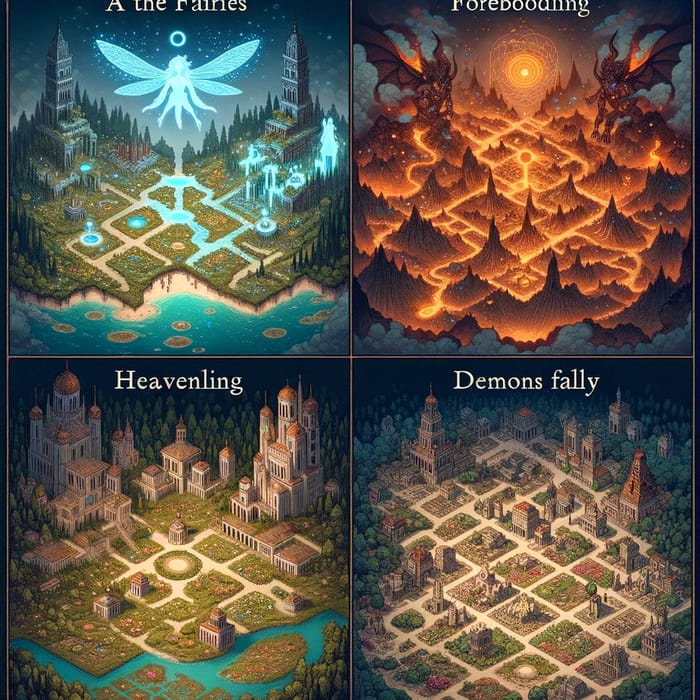 2D Hollow Night Map with Four Realms: Fairies, Demons, Deities & Humans | AI Art Generator ...