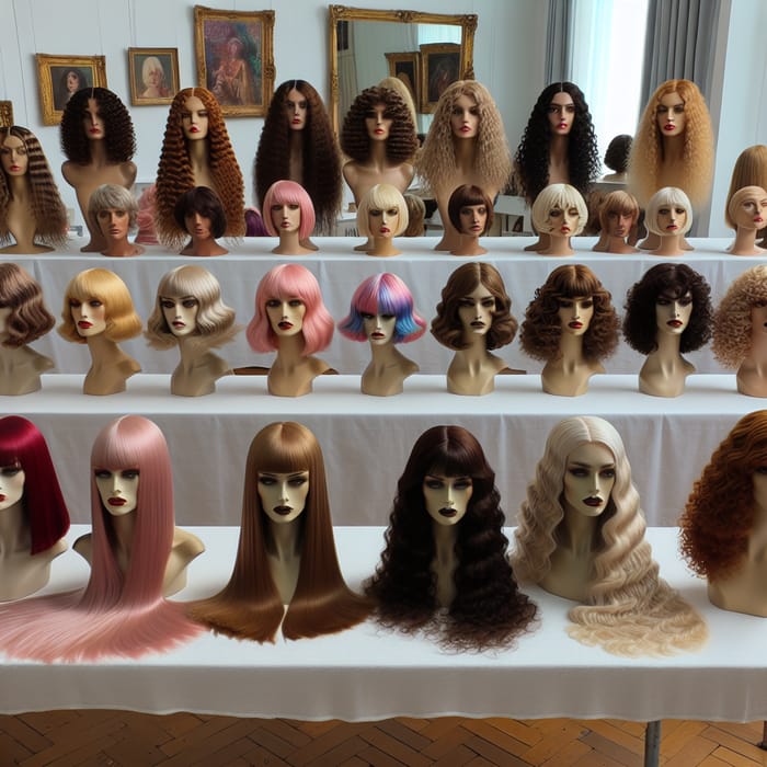 Vibrant Hair Wigs Display | Diverse Cultural Styles | AI Art Generator ...