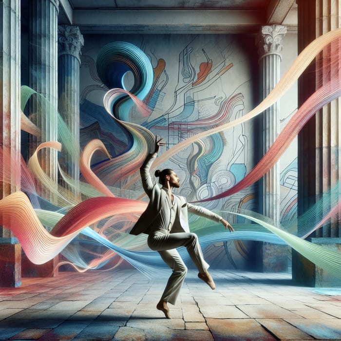Choreographer Dancing Among Ancient Ruins, Colorful Lines, Ribbons ...