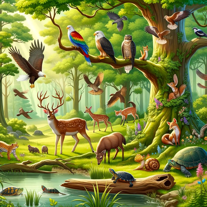 Explore a Vibrant Forest with Diverse Animals | AI Art Generator | Easy ...