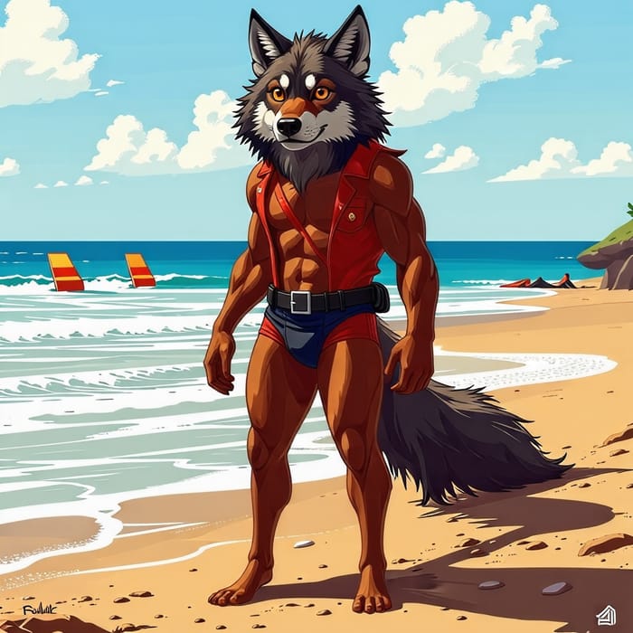 Anthro Wolf Lifeguard at Beach - Full Body Action | AI Art Generator | Easy-Peasy.AI