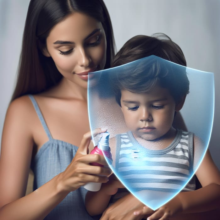 Protective Hispanic Mother Applying Mosquito Repellent to Child with ...
