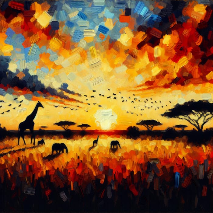 Impressionist Sunset Savanna in Black, Yellow, Orange & Red | AI Art ...