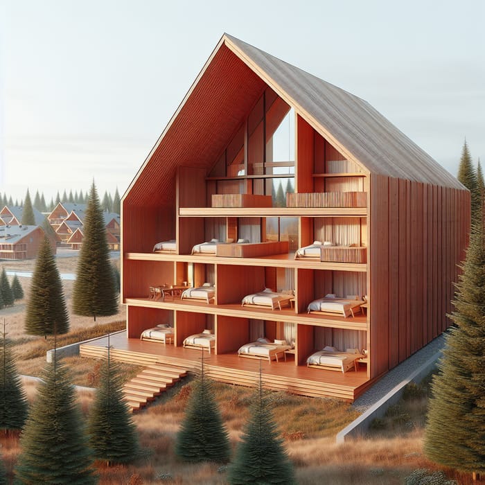 Modern Red Cedar Hotel Residence with Tiered Gable Roof and Pine Trees ...
