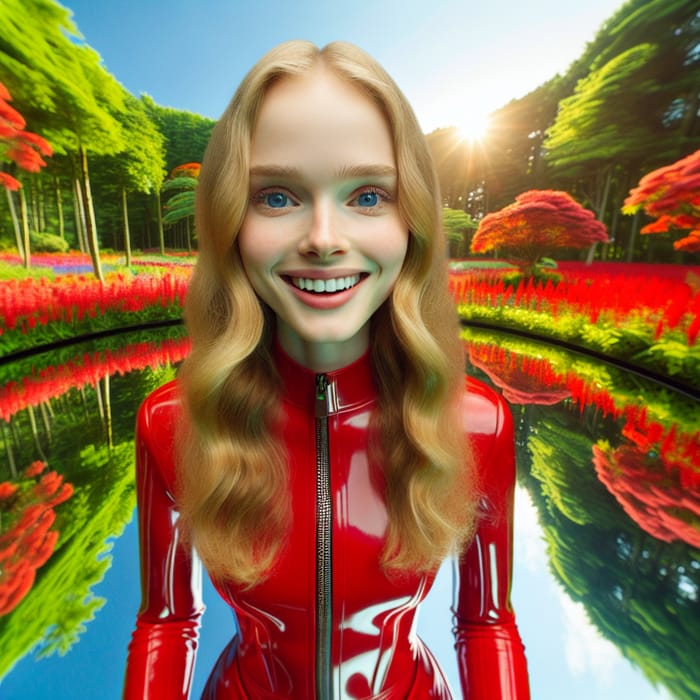 Enchanting Slavic Blonde in Red Latex | Serene Garden Scene | AI Art Generator | Easy-Peasy.AI