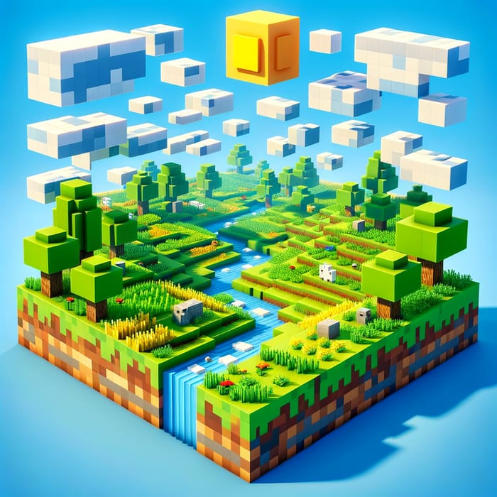 3D Minecraft Field: Blocky Landscape with River and Trees | AI Art ...