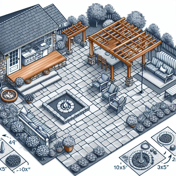 Exquisite 30x25 Feet Paver Patio Design with Grill, Fire Pit & Garden ...